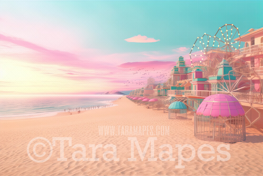 Doll Beach Digital Backdrop - Beach with Umbrellas and Mansions ...
