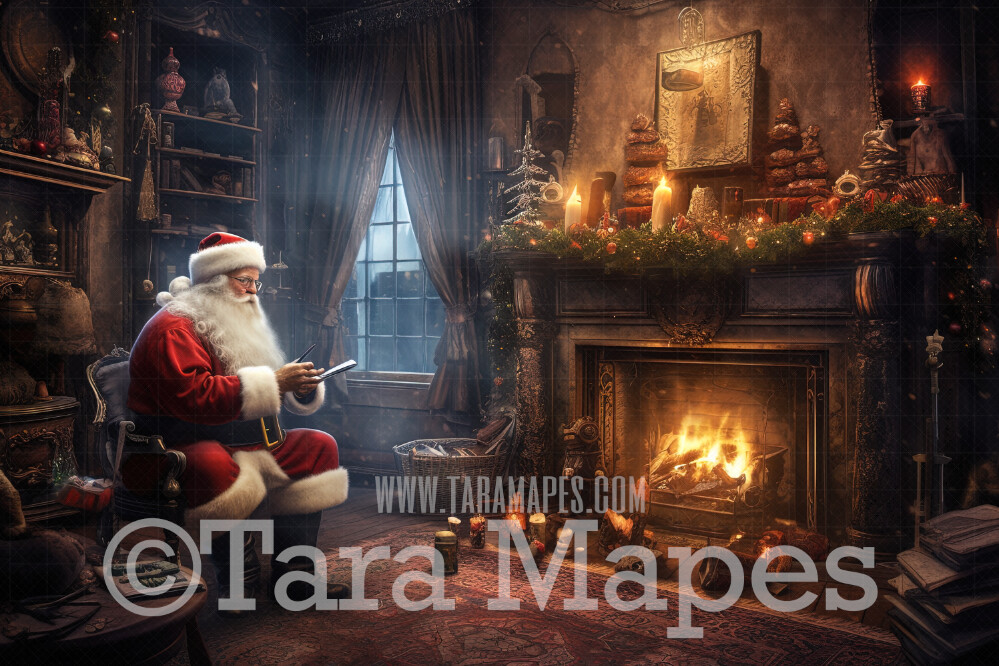 Santa Digital Backdrop - Painterly Santa by Fireplace - Santa Scene ...