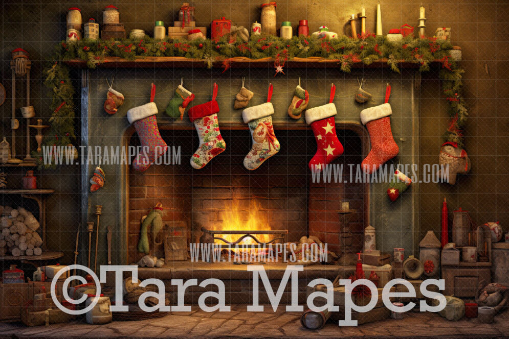 Christmas Fireplace Digital Backdrop - Rustic Christmas Room ...