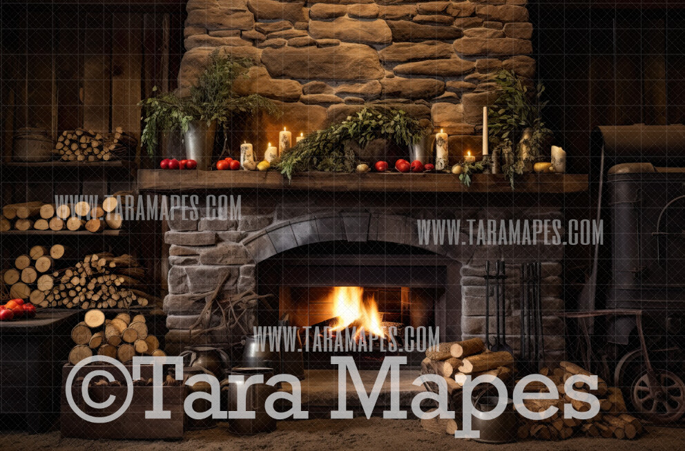 Farmhouse Fireplace Digital Backdrop - Rustic Farmhouse Mantle Digital ...