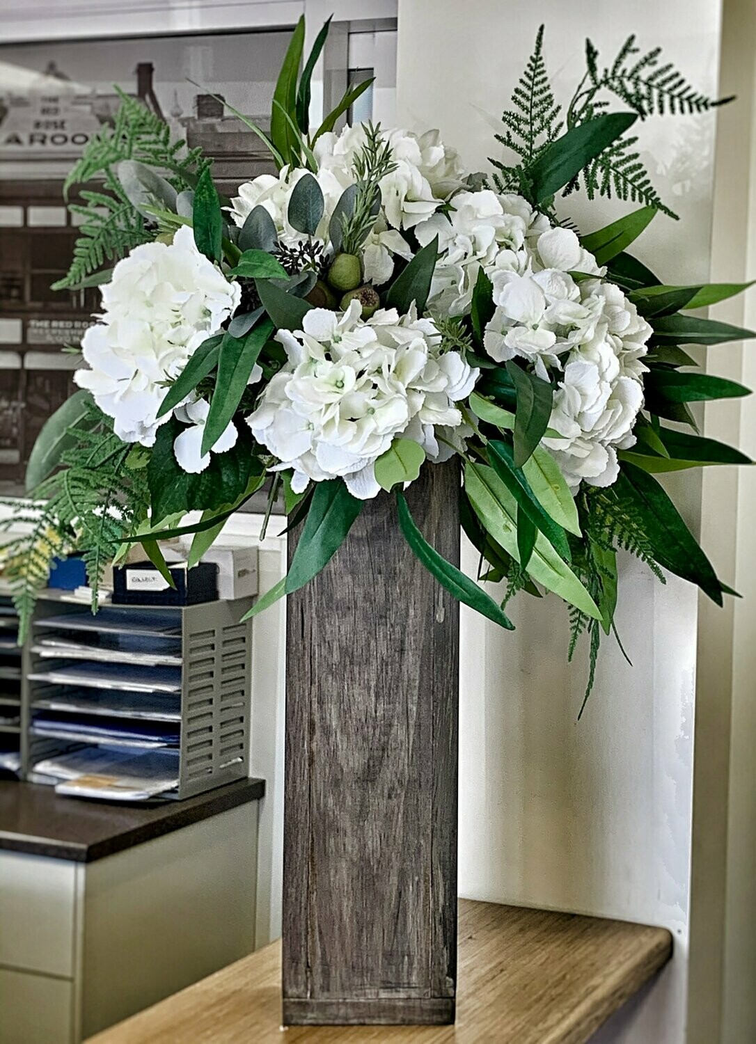Hydrangea, Gum & Fern Arrangement