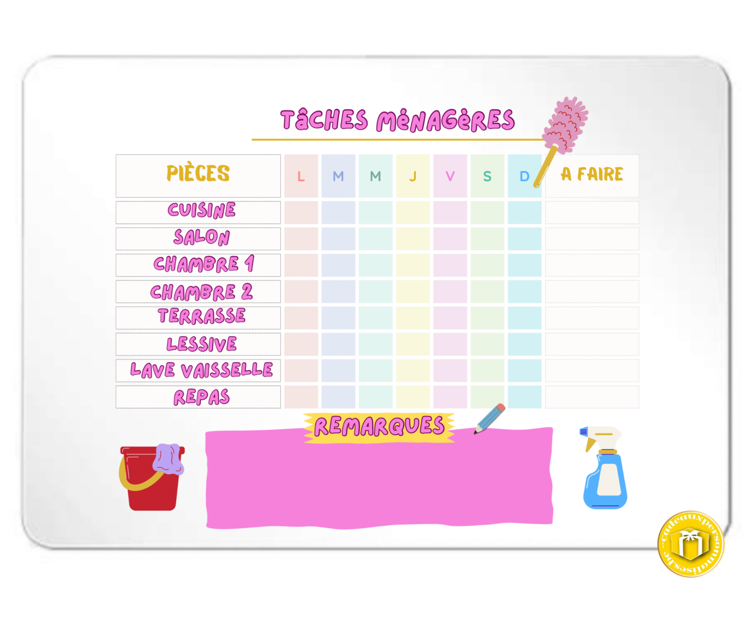Tableau effaçable tâche ménagère à personnaliser