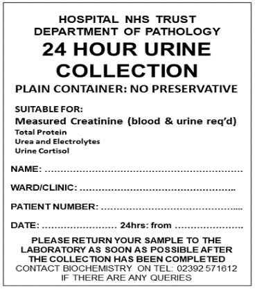 24hr Urine Label (Pathology) - 100mm x 150mm