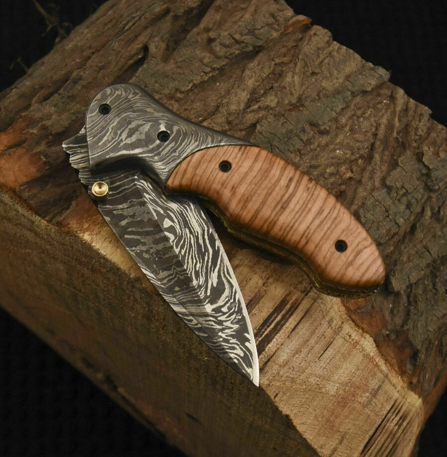 Custom Handmade Damascus Folding Knife with Wood handle
