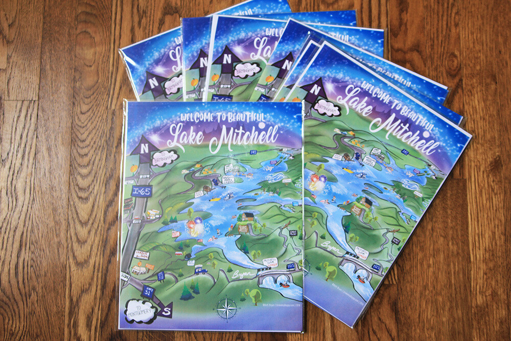 Lake Mitchell Whimsical Cartoon Map (11x14 PRINT+ PDF)
