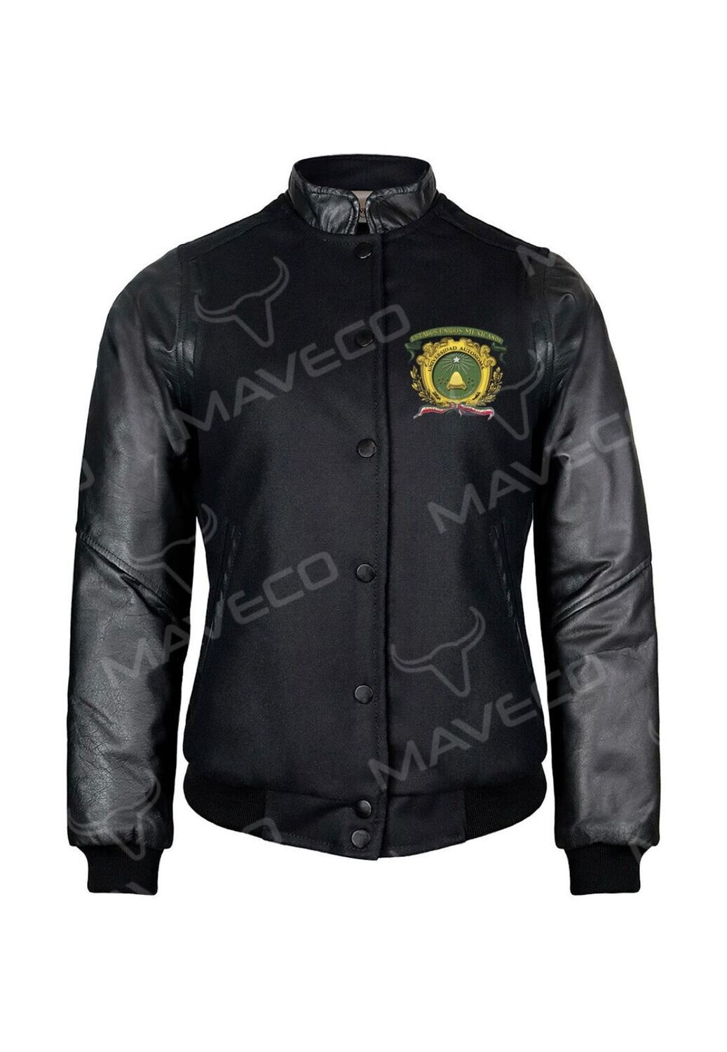 CHAMARRA UNIVERSITARIA MAVERICK DAMA PIEL/ PAÑO UACh, NEGRO