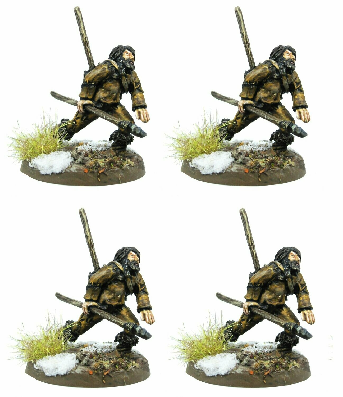 Prehistoric Settlement Cavemen Hunters with flint spear running x 4