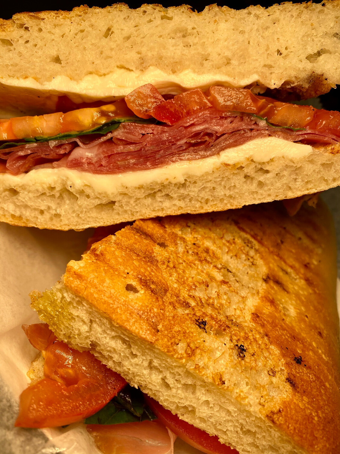 L- Panini Imported prosciutto, fresh mozzarella, tomato, fresh basil ...
