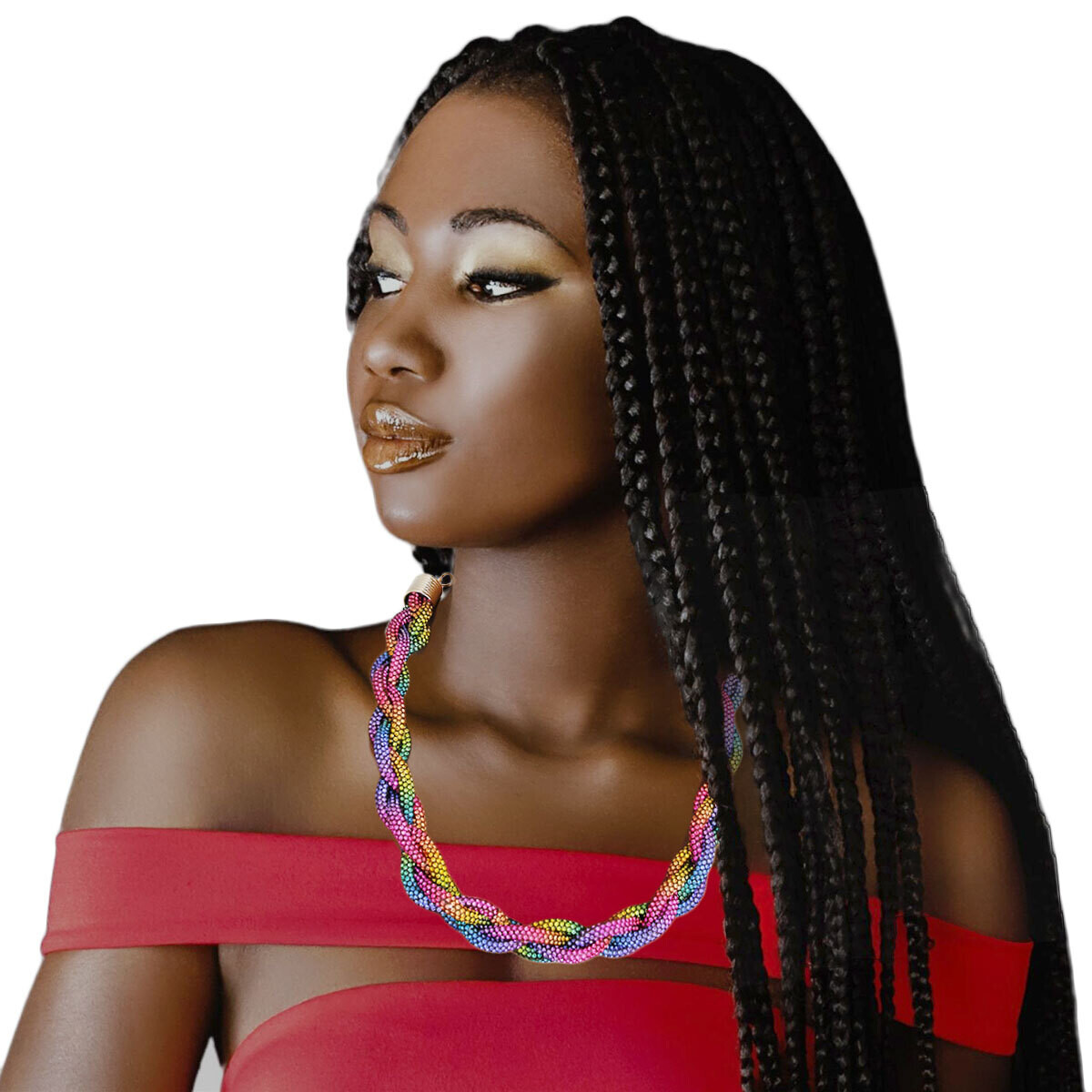 RAINBOW RHINESTONE BRAIDED NECKLACE SET