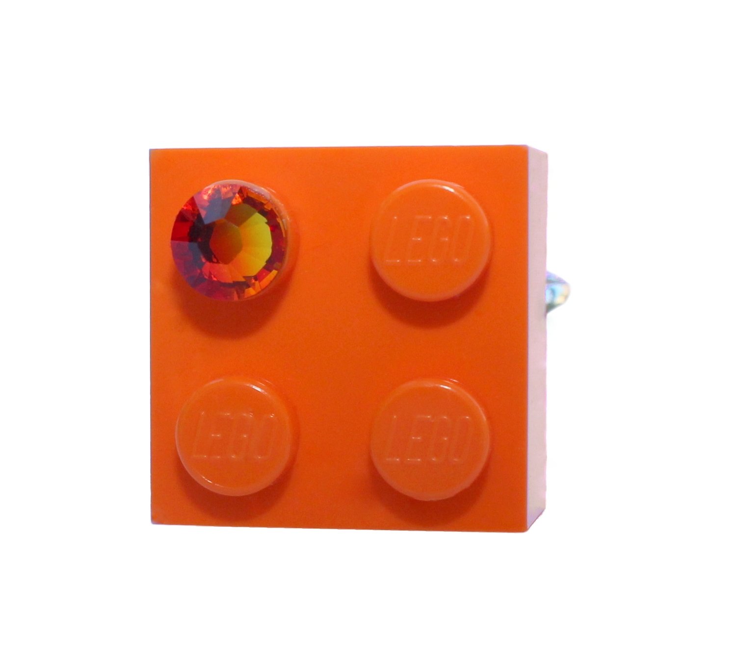 Orange LEGO® brick 2x2 with an Orange SWAROVSKI® crystal on a Silver ...