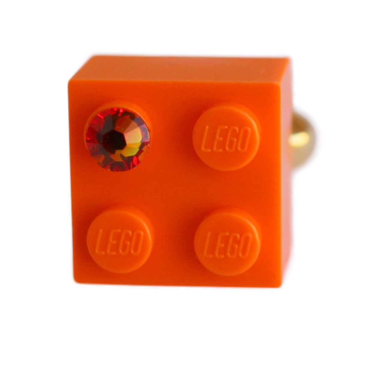 Orange LEGO® brick 2x2 with an Orange SWAROVSKI® crystal on a Gold ...