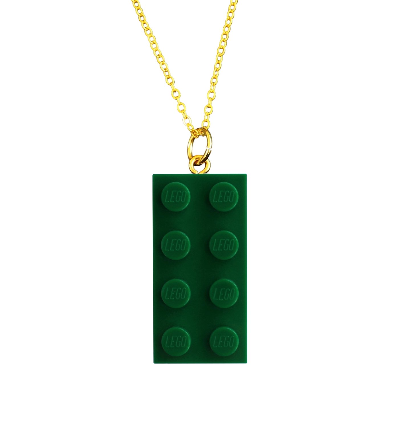 Dark Green LEGO® brick 2x4 on a Gold plated trace chain (18" or 24")