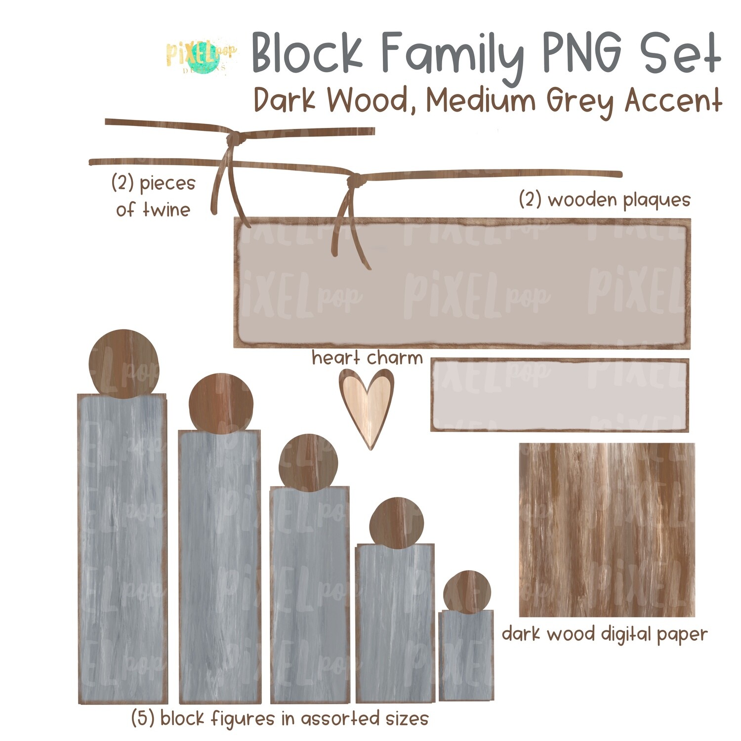 Wooden Block Family PNG Set Dark Wood Medium Grey Accents with ...