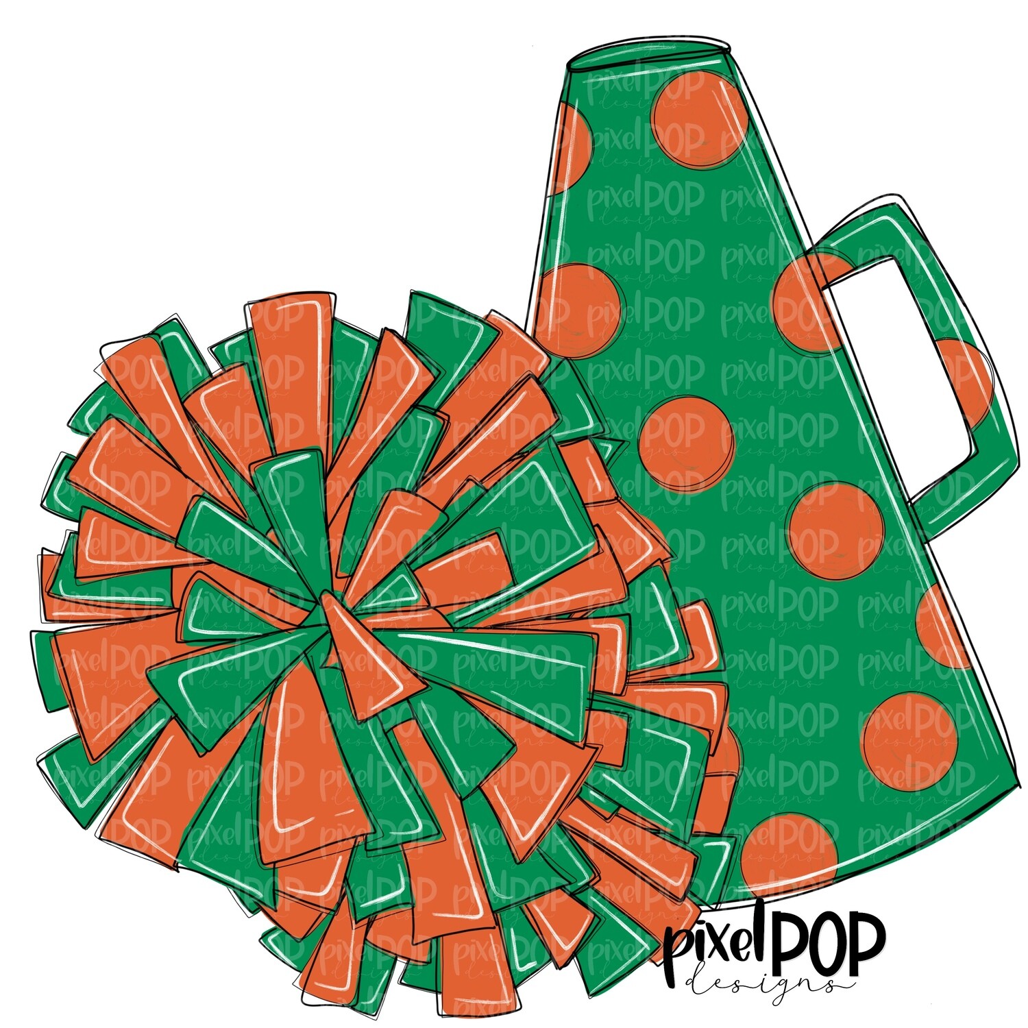 Cheerleading Megaphone and Poms Green and Orange PNG | Cheerleading ...