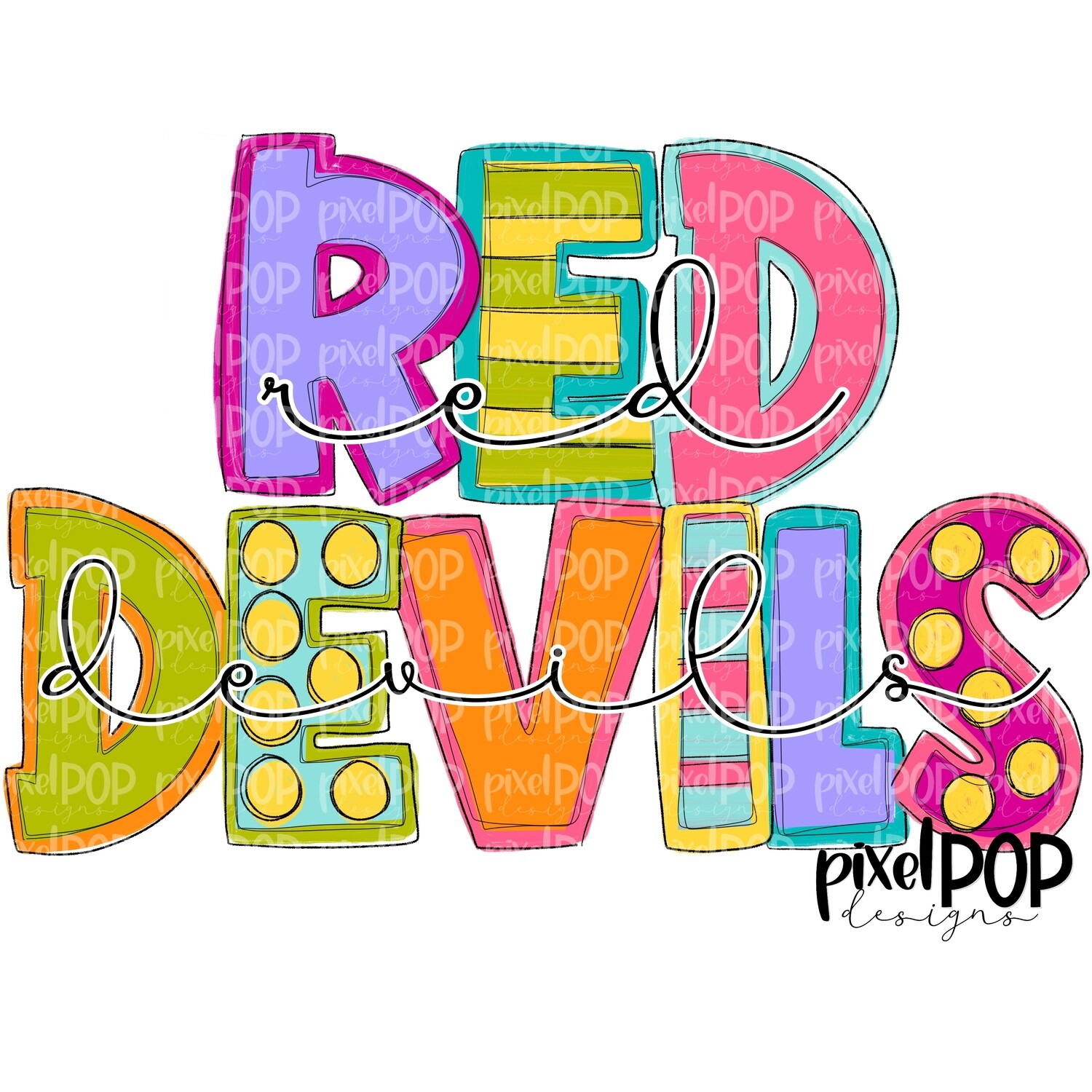 Funky Block and Script Mascots Red Devils PNG | Team Sublimation Design ...