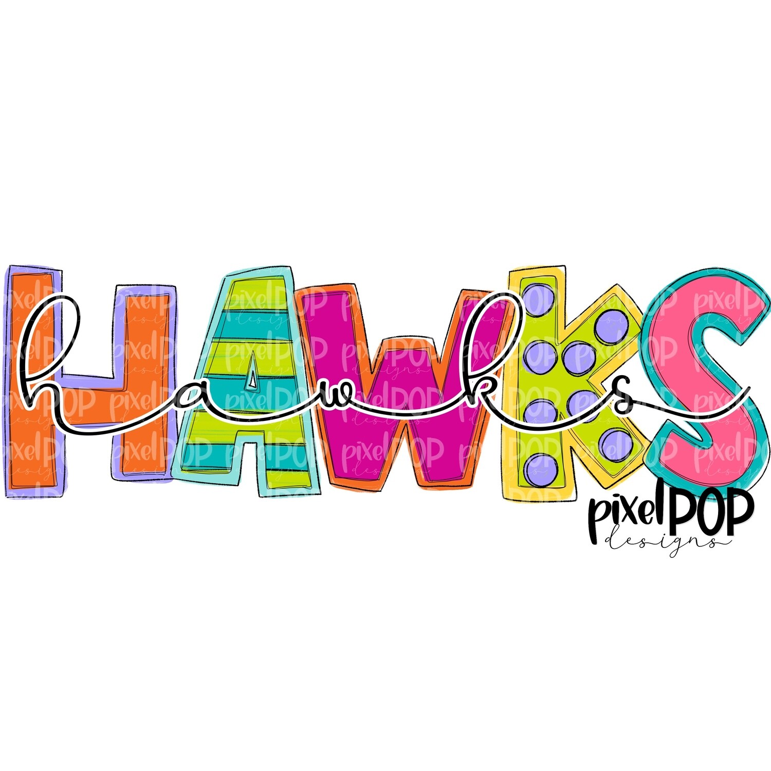 Funky Block and Script Mascots Hawks PNG | Team Sublimation Design ...