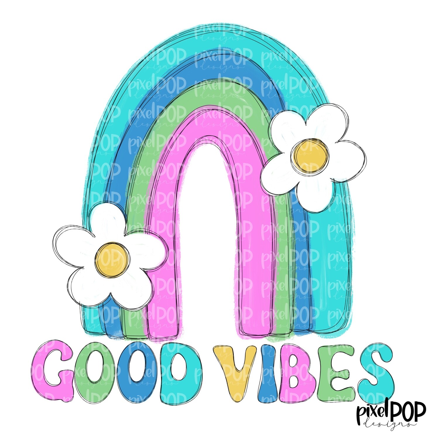 Good Vibes Rainbow Blues and Pink PNG | Rainbow | Positivity | Hand Drawn | Sublimation ...
