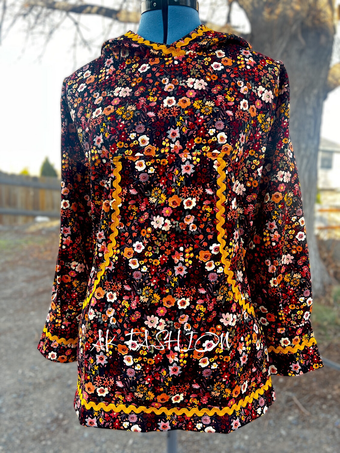 vibrant floral on black With Red Flower Trim Kuspuk Women kuspuk