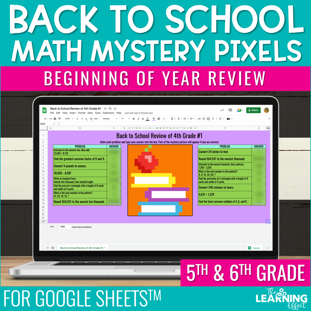 Back to School Math Activities Digital Mystery Pixel Art Google Sheets