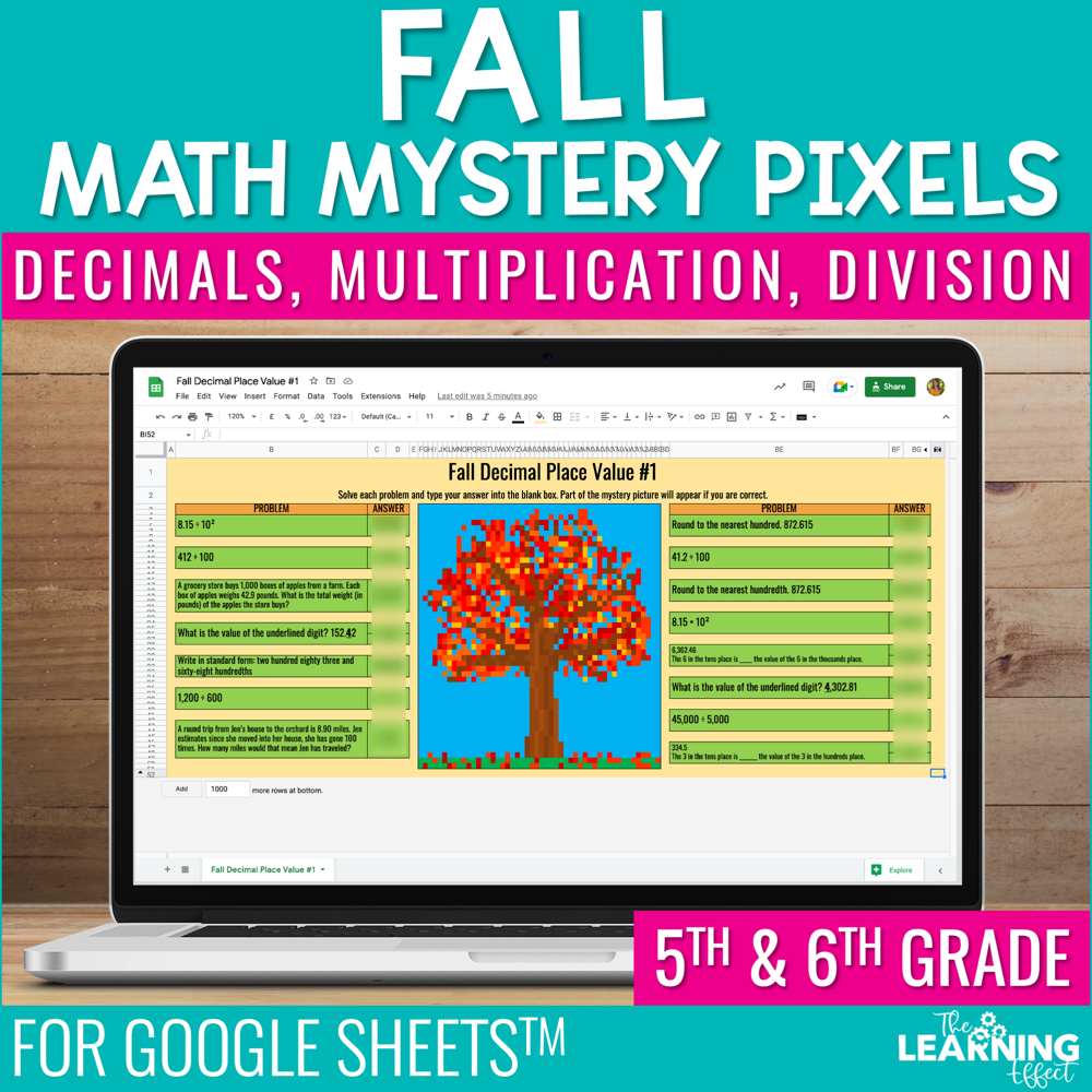 Fall Math Activities Digital Pixel Art | Decimals Multiplication Division