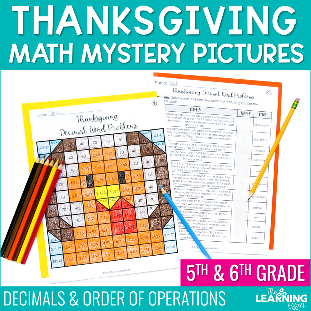 Thanksgiving Math Activities Mystery Picture Worksheets | Decimals