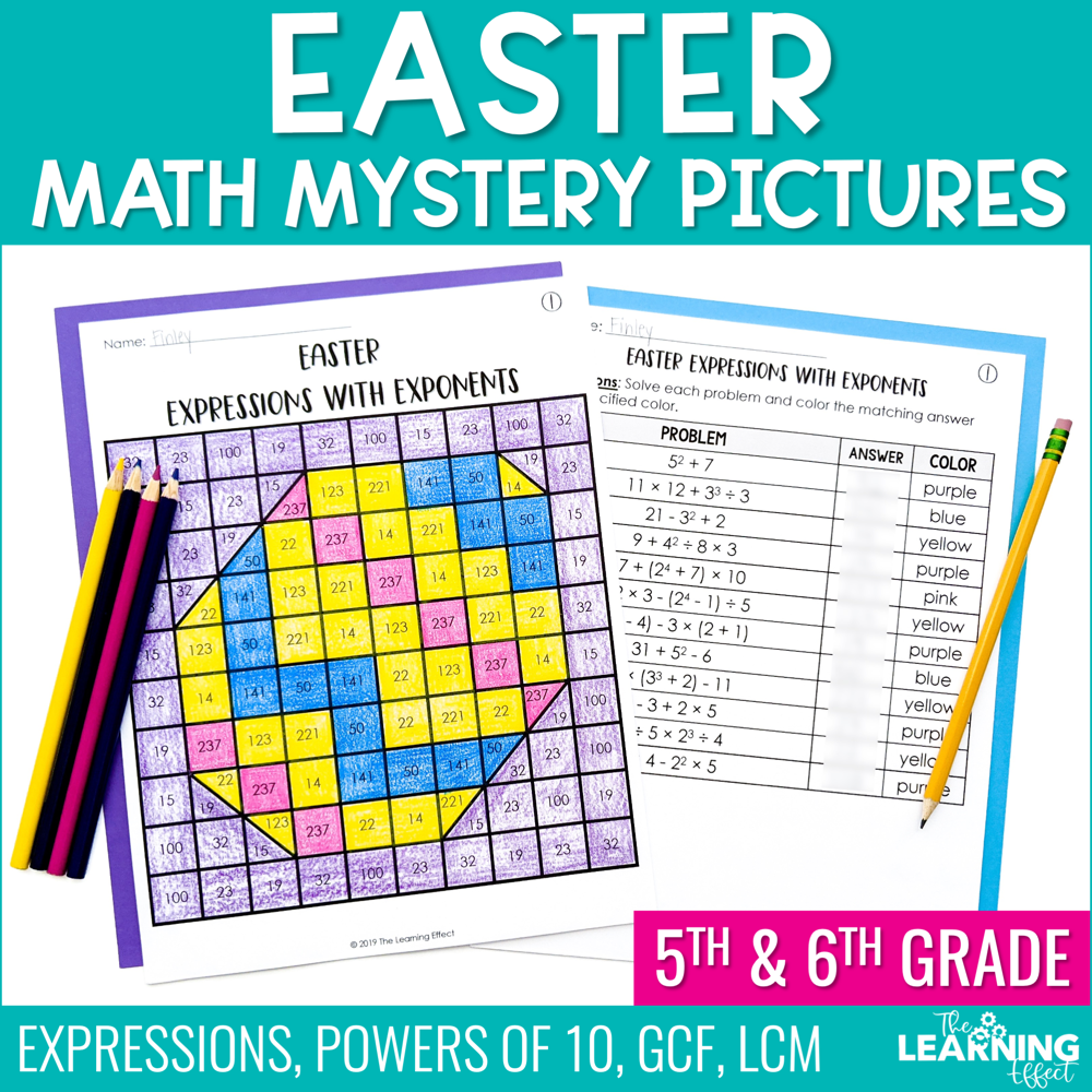 Easter Math Activities Mystery Picture Worksheets | Expressions GCF LCM