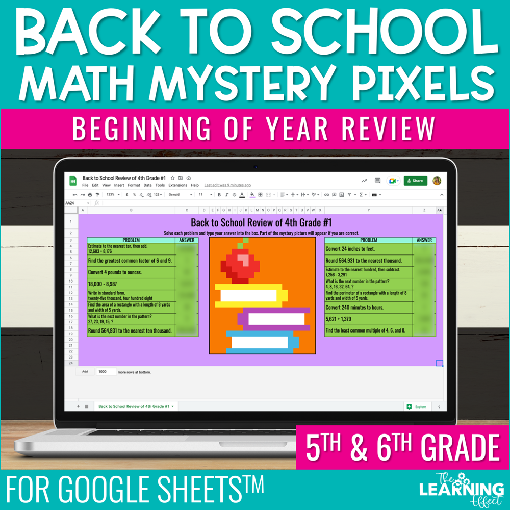 Back to School Math Review Activities Digital Pixel Art | 5th & 6th Grade
