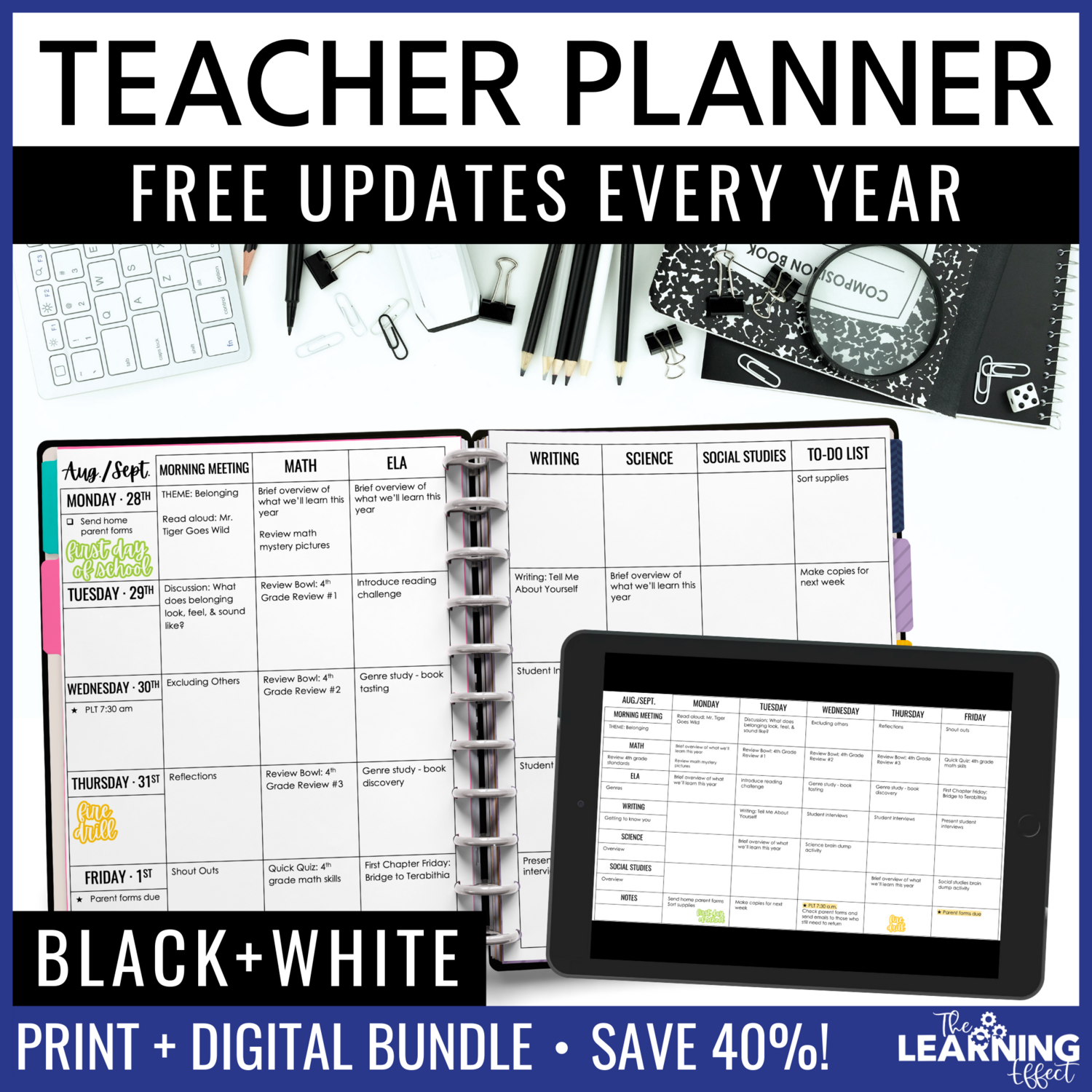 Editable Teacher Planner Binder Printable & Digital | Black & White