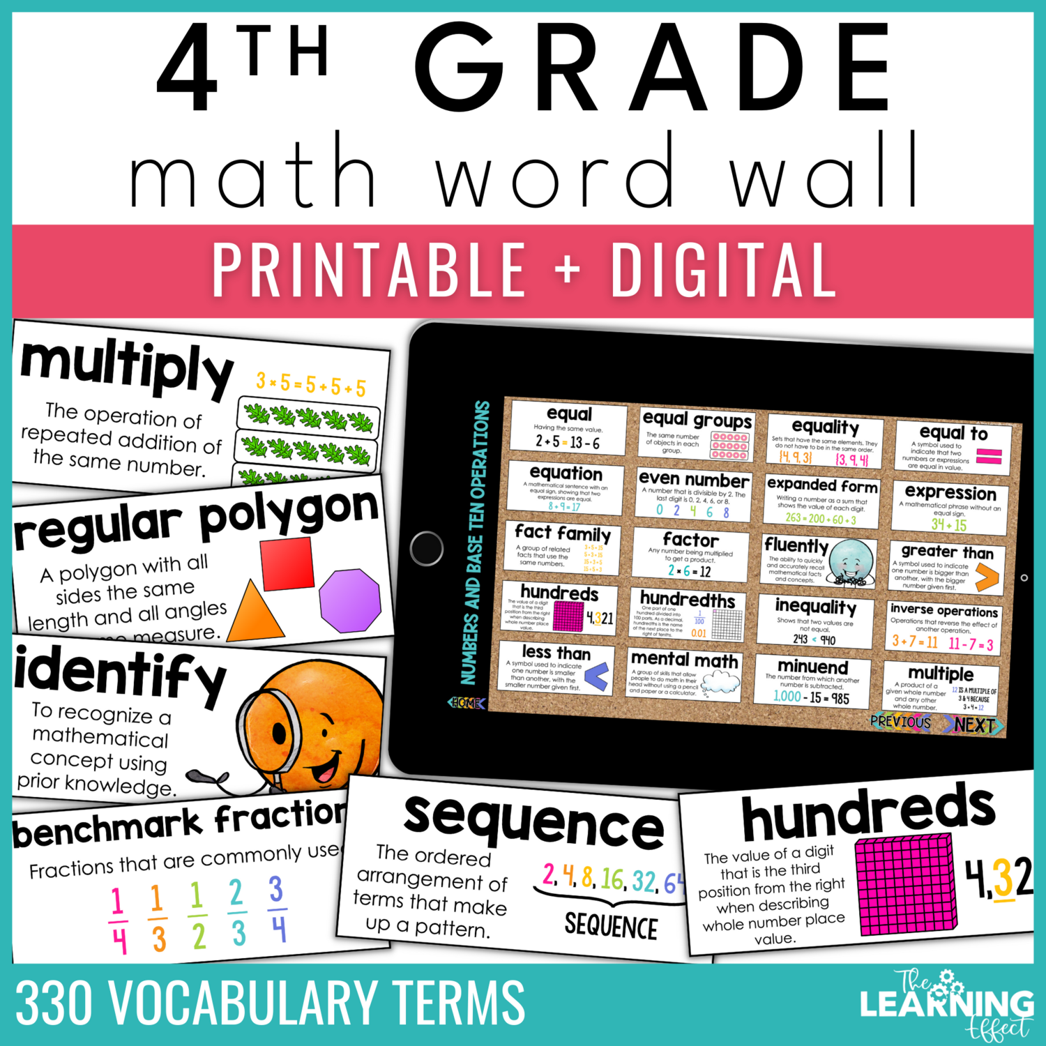 4th Grade Math Word Wall Printable and Digital
