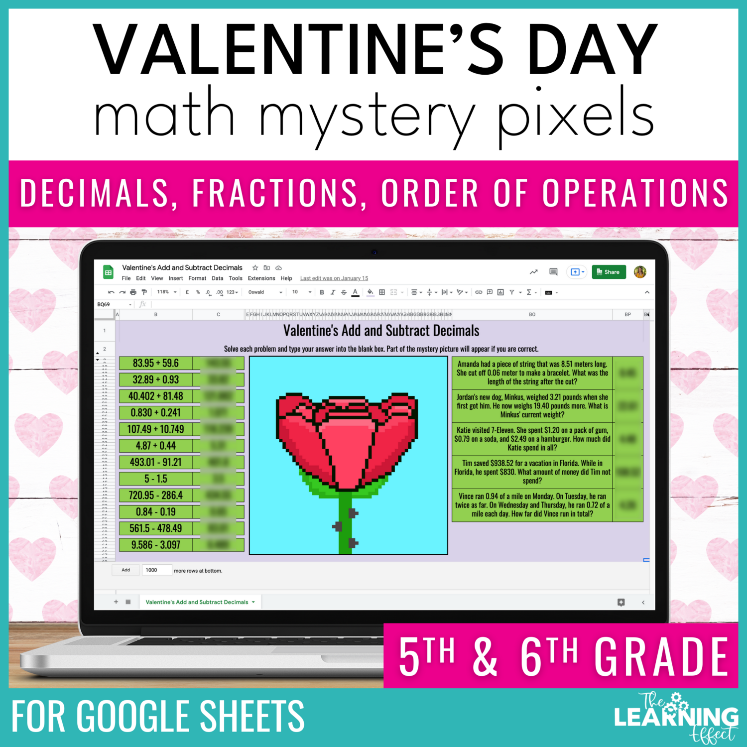 Valentine's Math Mystery Pixel Art Google Sheets