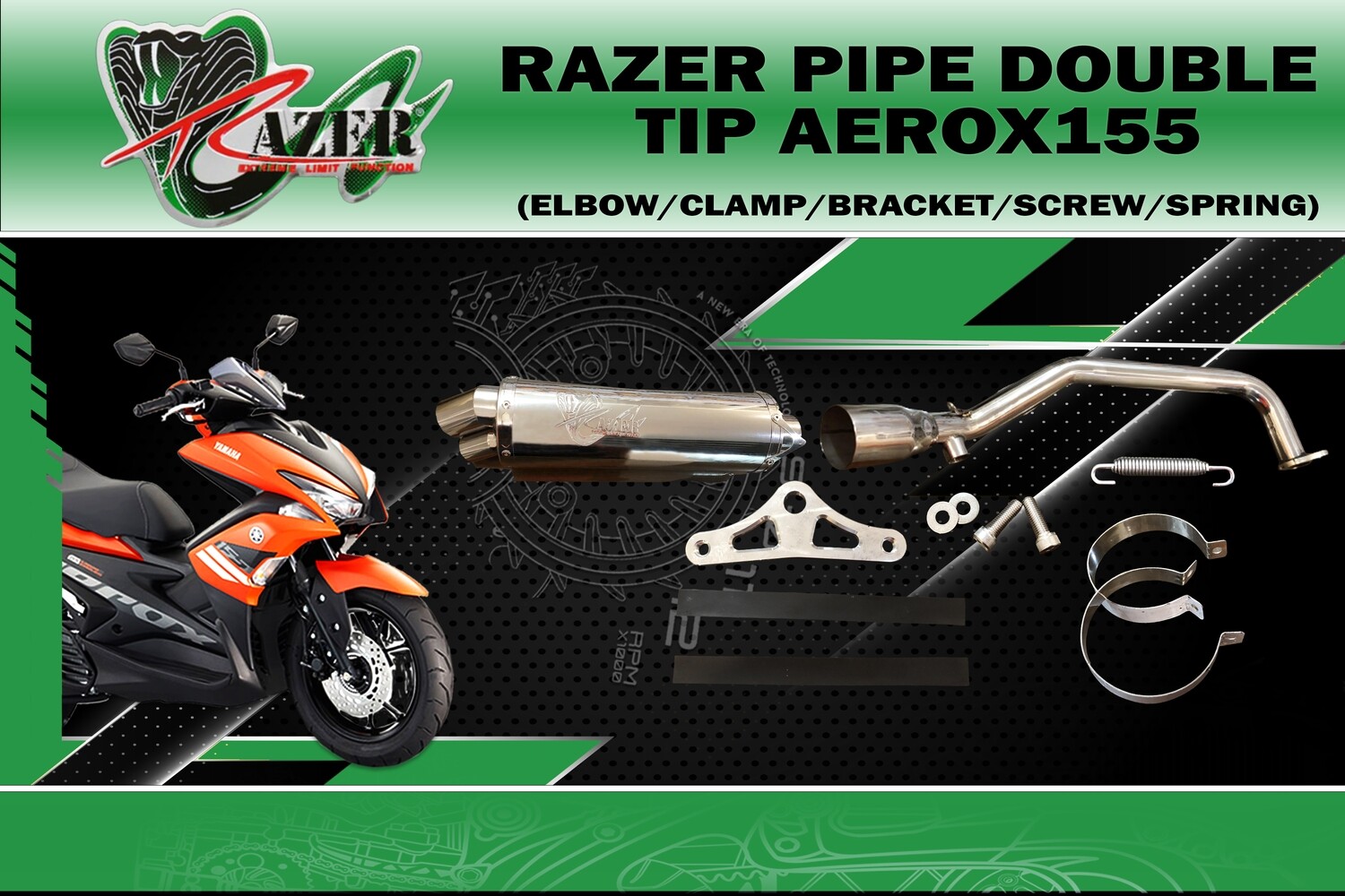 RAZER PIPE DOUBLE TIP AEROX155 V1 (elbow/clamp/bracket/screw/spring)