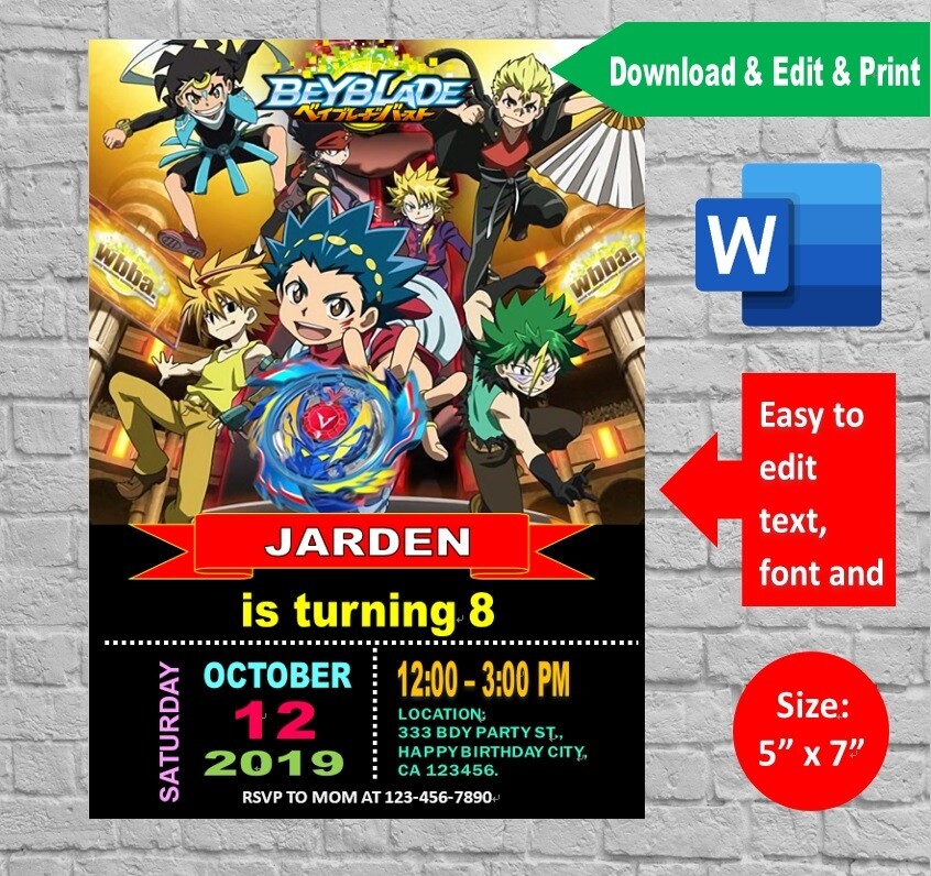 Beyblade Burst Gold Invitation Editable and Printable