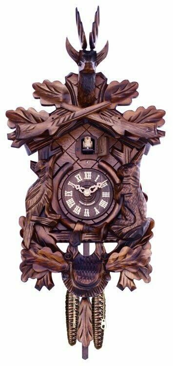 16" Hunter's Cuckoo Clock with Hand-carved Oak Leaves, Bunny, Bird, and ...