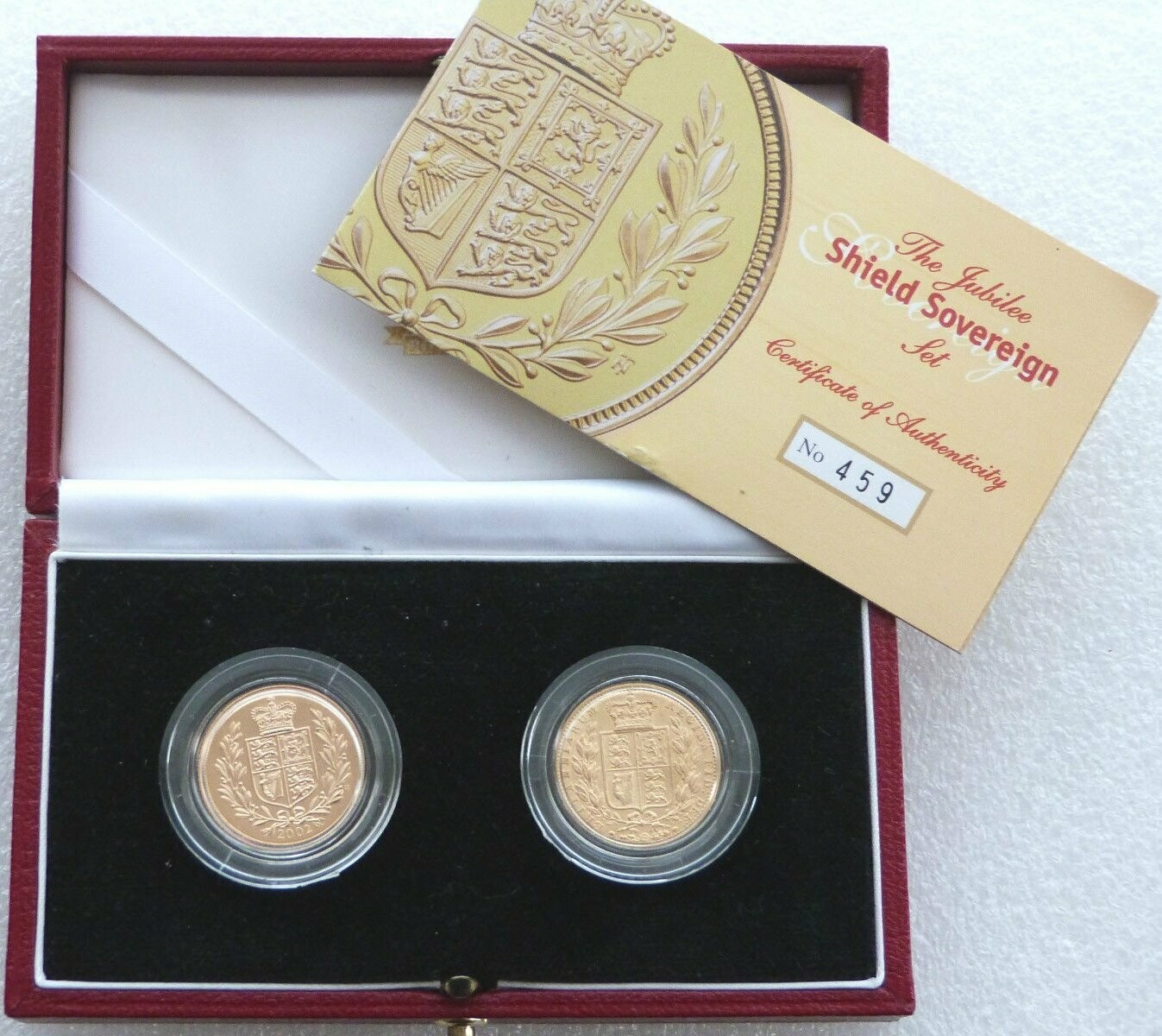 2002 Jubilee Shield Full Sovereign Gold 2 Coin Set Box Coa
