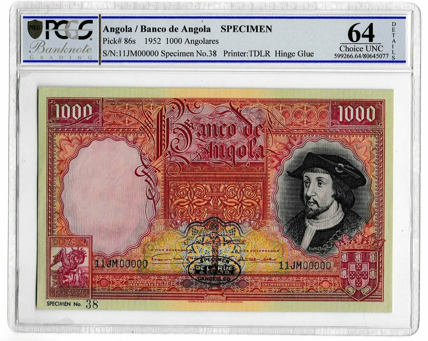1952 Angola 1000 Angolares Banknote Specimen P86s Choice Uncirculated ...