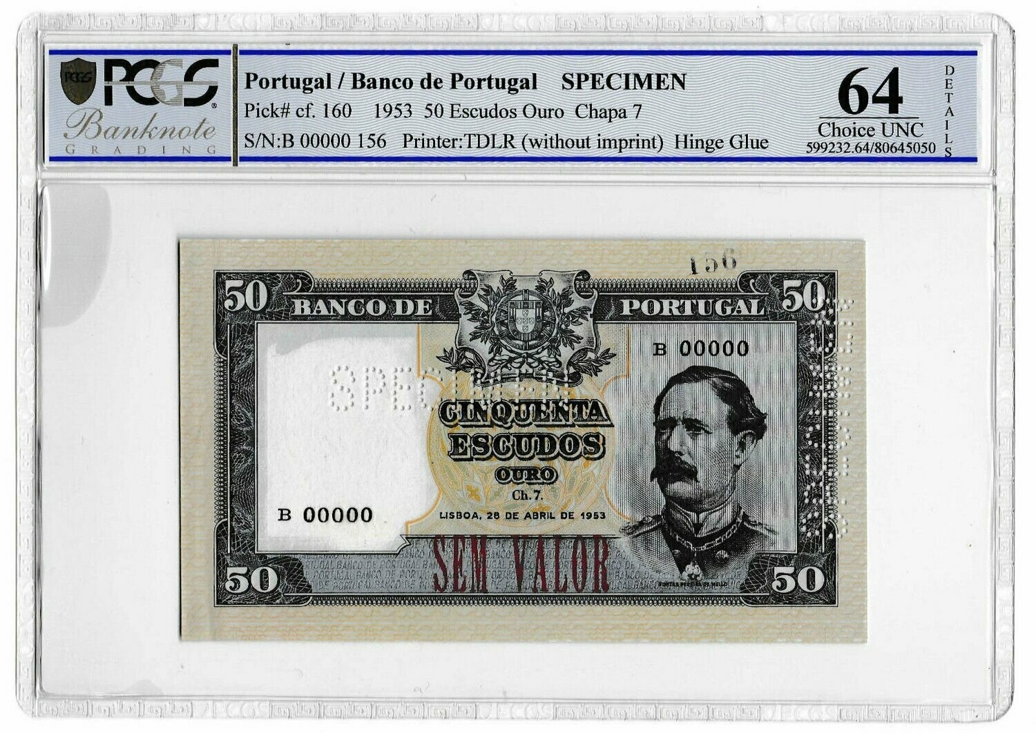1953 Portugal 50 Escudos Banknote Specimen P160 Choice Uncirculated 64 ...