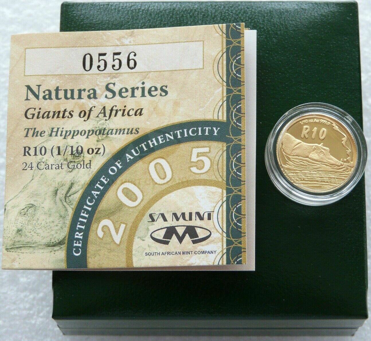 2005 South Africa Natura Hippopotamus 10 Rand Gold Proof 1/10oz Coin ...