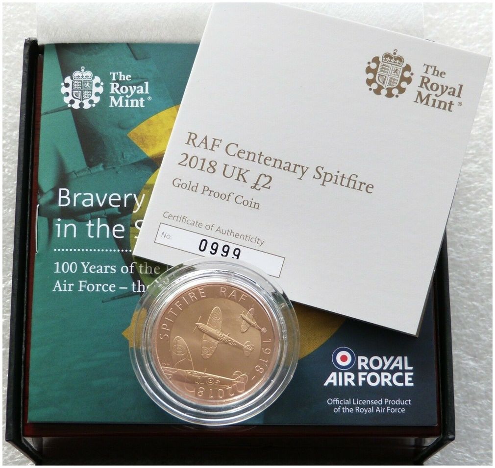 2018 Royal Air Force Spitfire £2 Gold Proof Coin Box Coa
