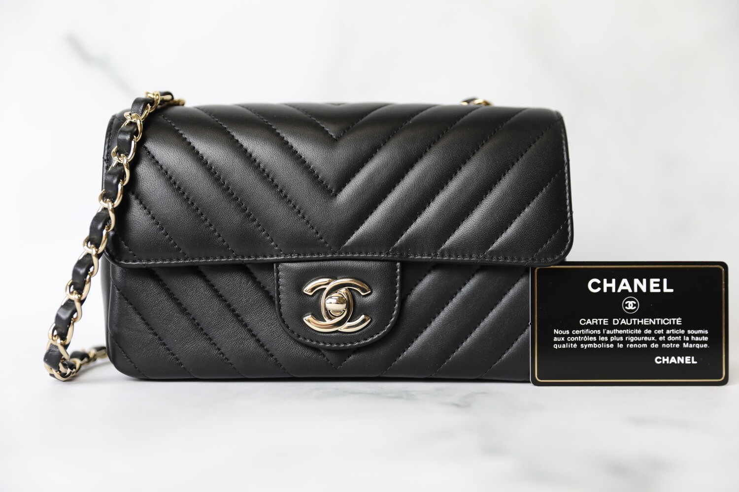 Chanel Classic Mini Rectangular, Black Chevron Lambskin with Light Gold ...