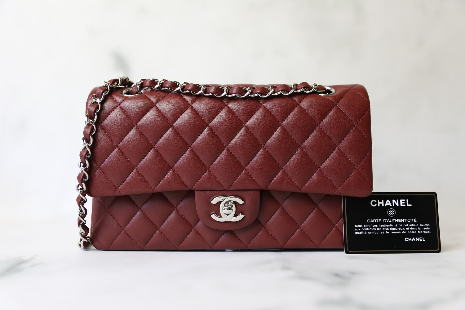 Chanel Classic Medium, Dark Red Lambskin with Silver Hardware, New in ...