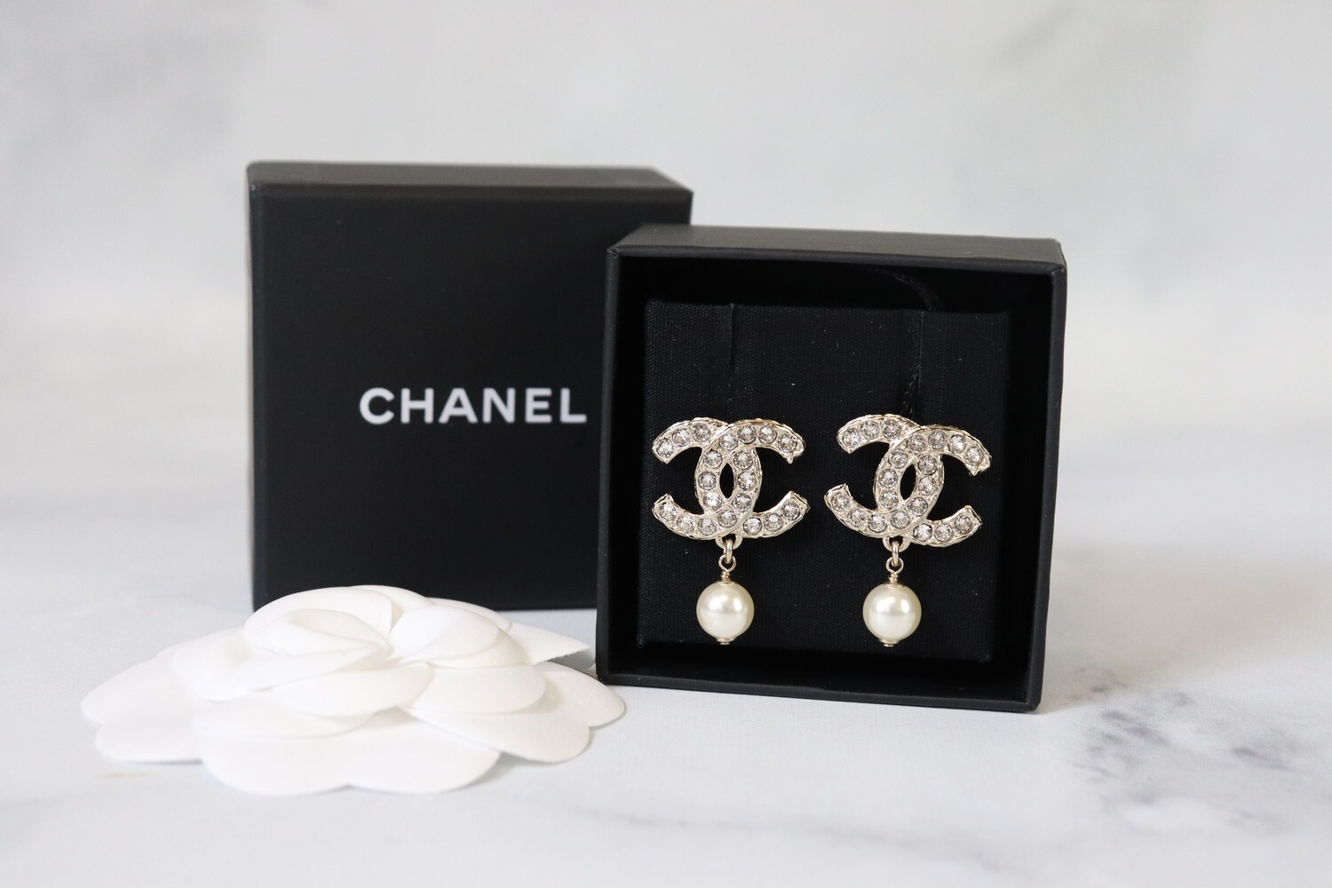Chanel Earrings CC Crystal Drop Earrings with Pearl, Lightgold Hardware, New in Box WA001 ...