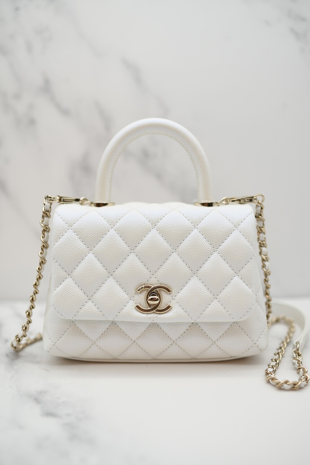 Chanel Coco Handle Extra Mini, Iridescent White Caviar with Gold ...