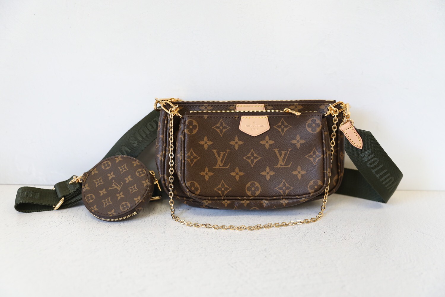 Louis Vuitton Multi Pochette, Monogram with Khaki Green Strap, Preowned ...
