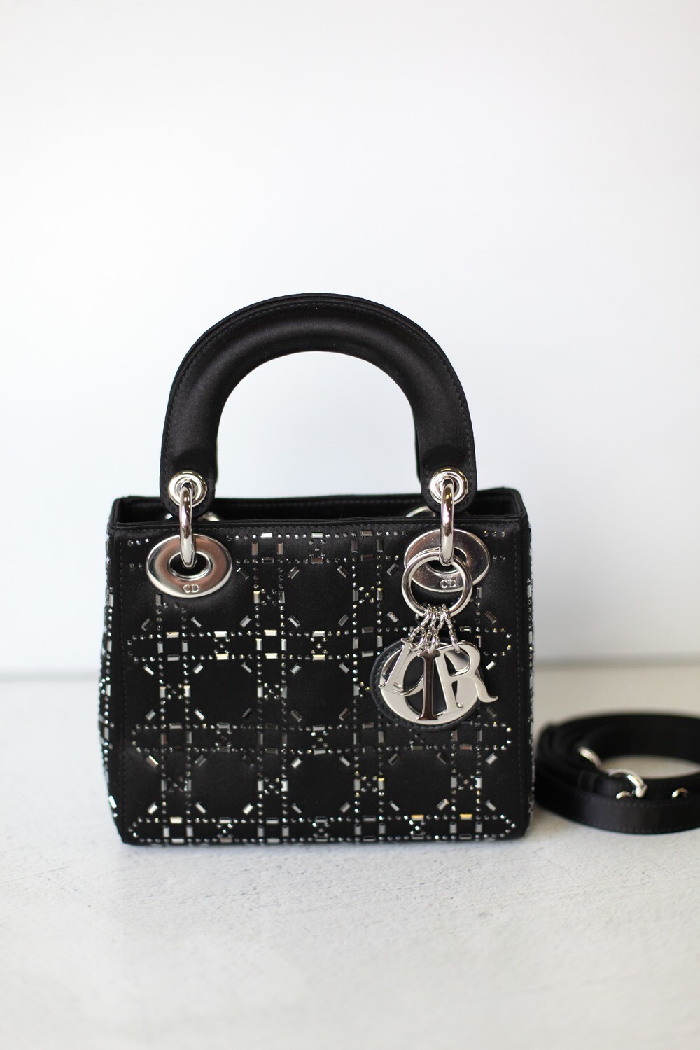 Christian Dior Lady Dior, Mini Cannage Quilt with Crystals, Black Satin ...
