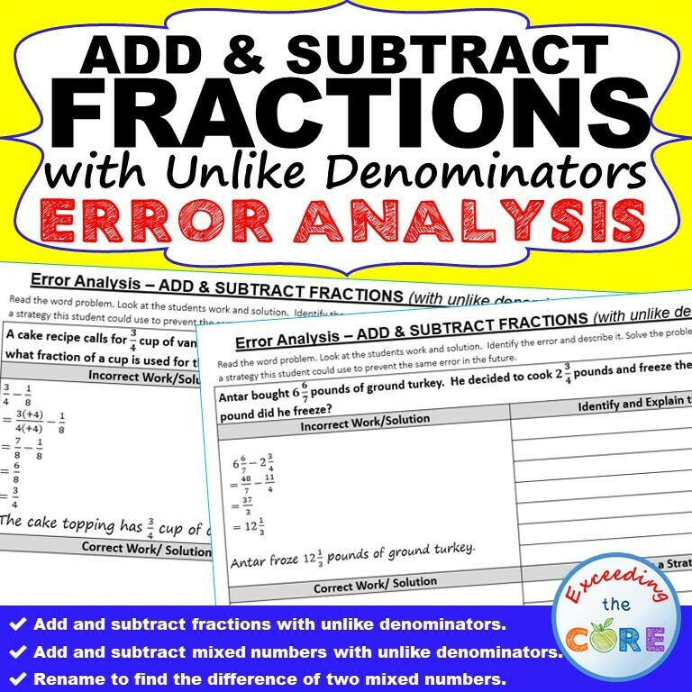 ADD & SUBTRACT FRACTIONS (UNLIKE DENOMINATORS) Error Analysis - Find ...