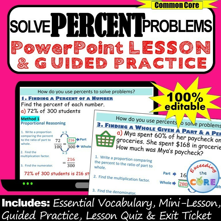 PERCENT PROBLEMS (percent, part, whole) PowerPoint Lesson & Guided Practice