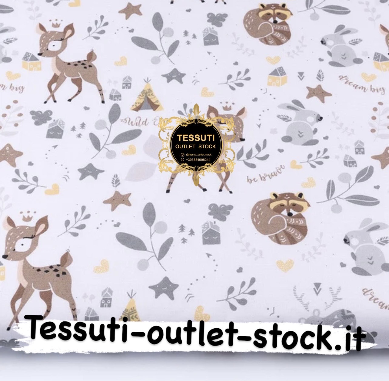 Tessuto di cotone "Animali marroni e ramoscelli grigi" su sfondo bianco ...