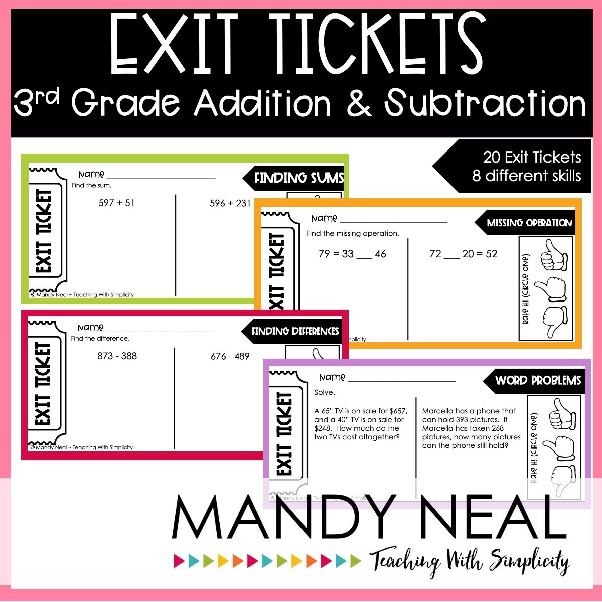 Third Grade Addition and Subtraction Exit Tickets | Printable