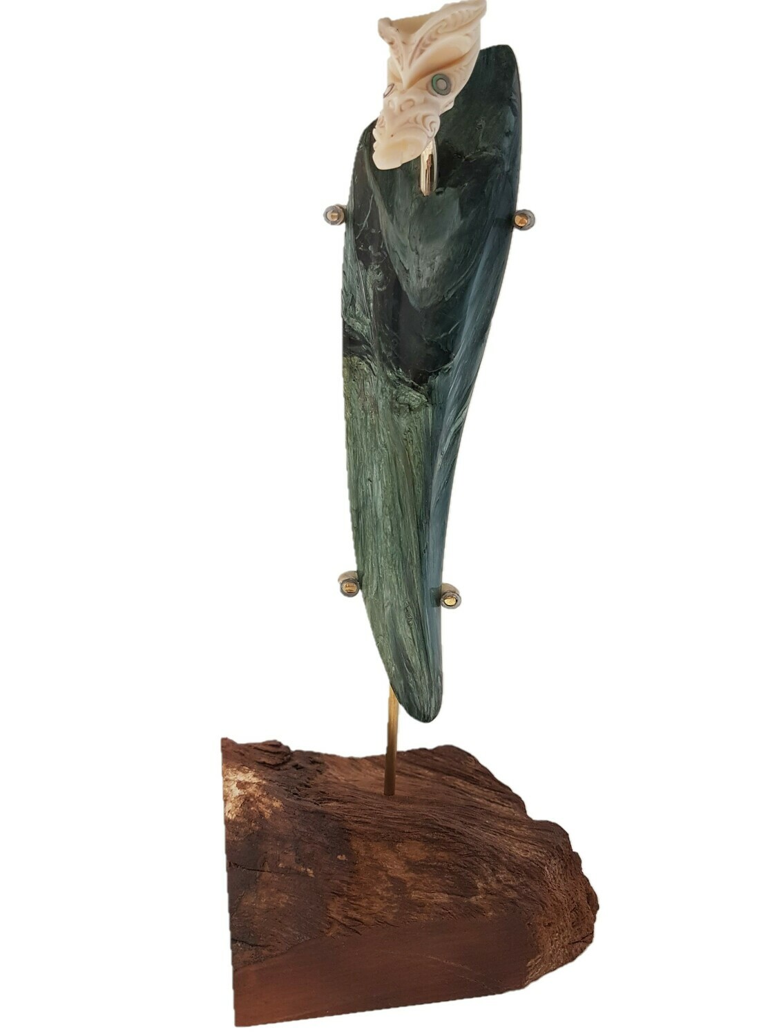 Greenstone Sculpture and Whale Tooth Wheku (face) on Inanga stone - Kahika