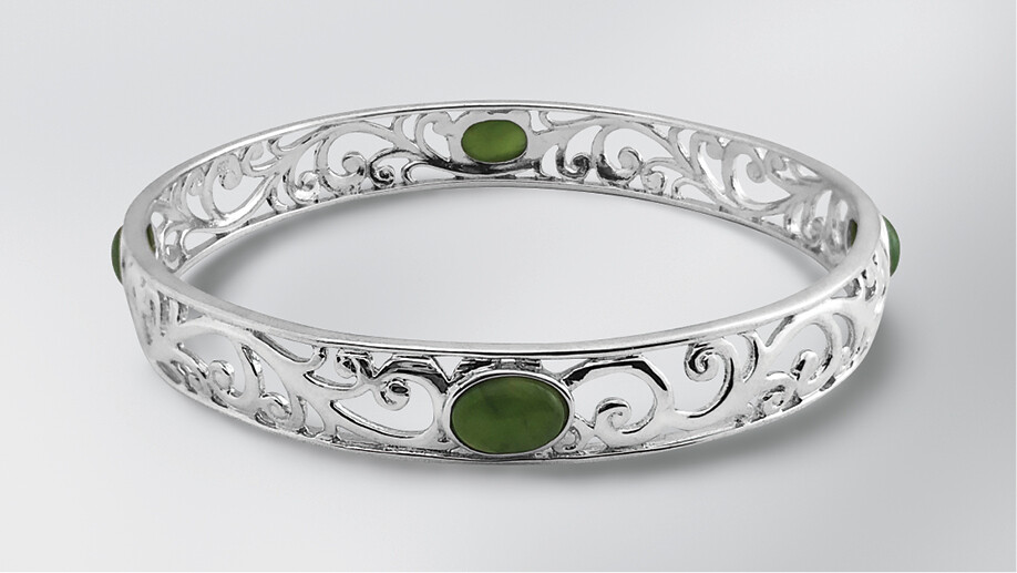 Greenstone and Silver Filigree Bangle Lrg - KB2L